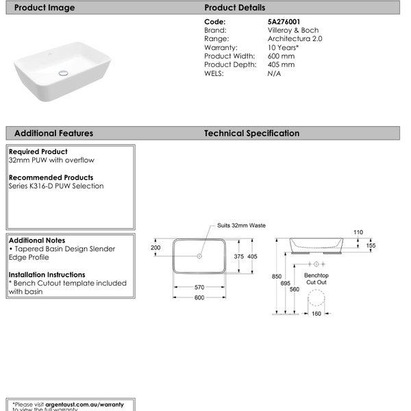 Architectura 2.0 600 Rect Vessel Basin | No Tap Hole with Overflow ...