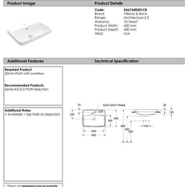 Architectura 2.0 600 Rectangular Drop In Basin | Three Tap Hole with O ...