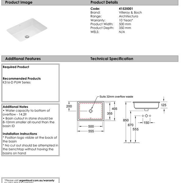 Architectura 500 Rectangular Under Counter Basin No Tap Hole – Sannine ...